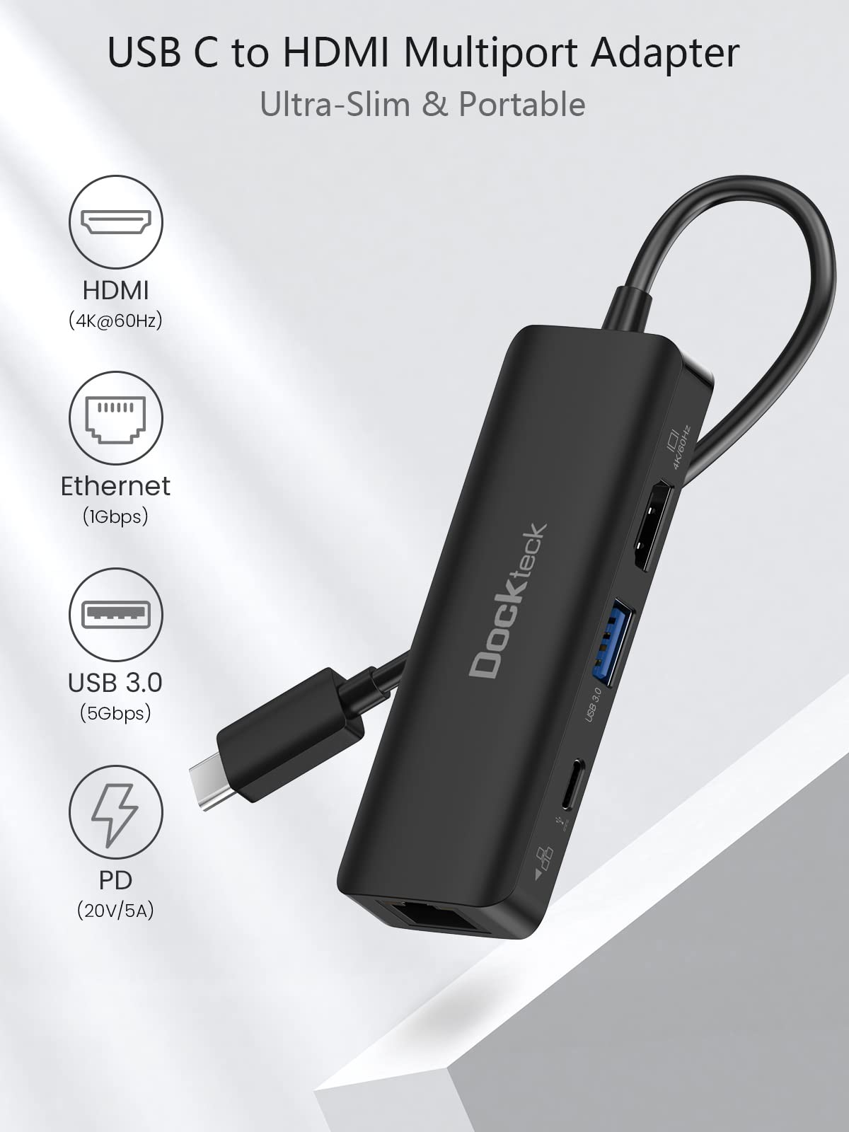 USB C Ethernet Hub 4K 60Hz, dockteck 4-in-1 USB C PD Ethernet Hdmi Dongle with 4K 60Hz HDMI, 1Gbps Ethernet, 100W PD, USB 3.0 for MacBook Pro/Air M1 2020, iPad Pro 2021, iPad Air 2020 and More