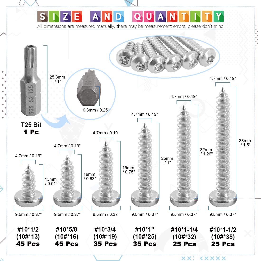 Glarks 211Pcs #10 x 1/2'' / 5/8'' / 3/4'' / 1" / 1-1/4'' / 1-1/2'' Button Head Torx Security Stainless Steel Screws, 6 Size Tamper Resistant Screws Assortment Set with T25 Bit