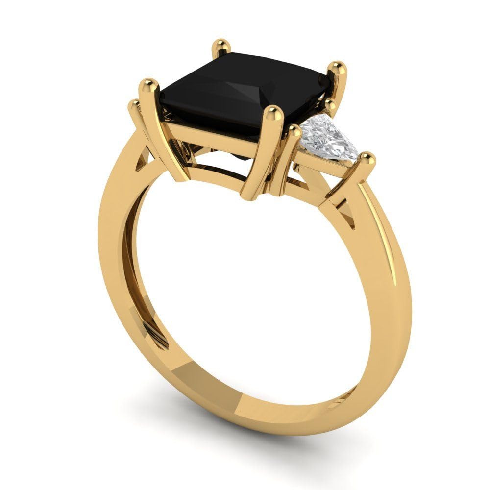 2.40ct Princess cut 3 stone Solitaire Natural Black Onyx Engagement Promise Anniversary Bridal Ring 18K Yellow Gold 10.25