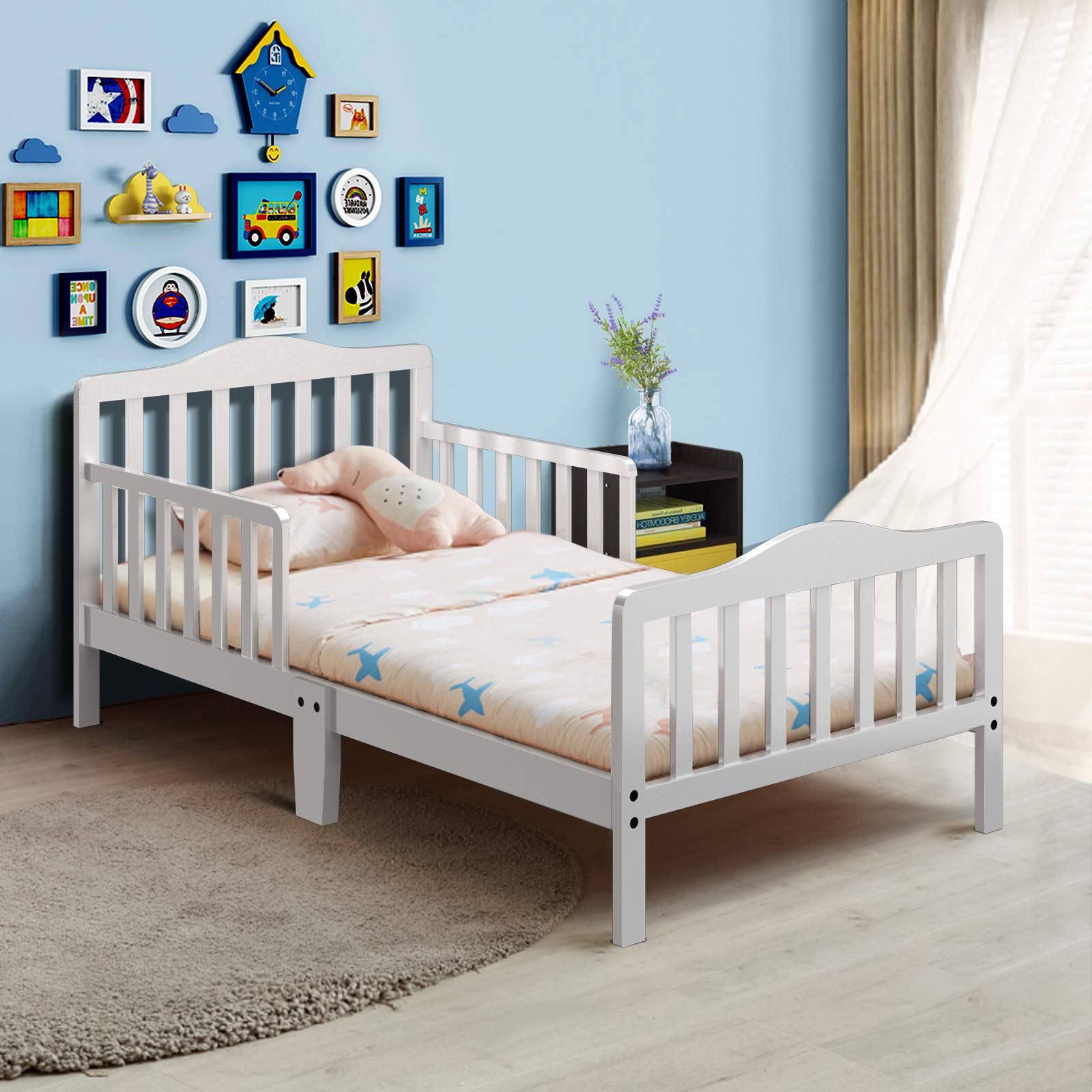 Costzon Toddler Bed, Classic Wood Kids Bed Frame w/Double Safety Guardrail, Low to Floor Design, Wooden Slat Support, Fits Full Size Crib Mattress, Bedroom Furniture for Boys & Girls (White)