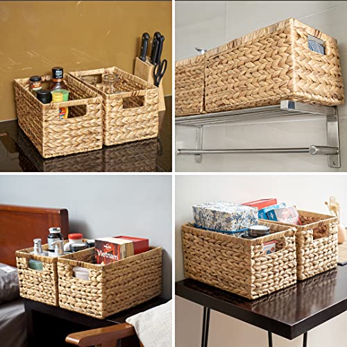 BARIEN Set of 6 Natural Water Hyacinth Storage Baskets 12.6” x 8” x 7”, Rectangular Wicker Basket with Built-in Handles, Medium (Natural - Set of 6)
