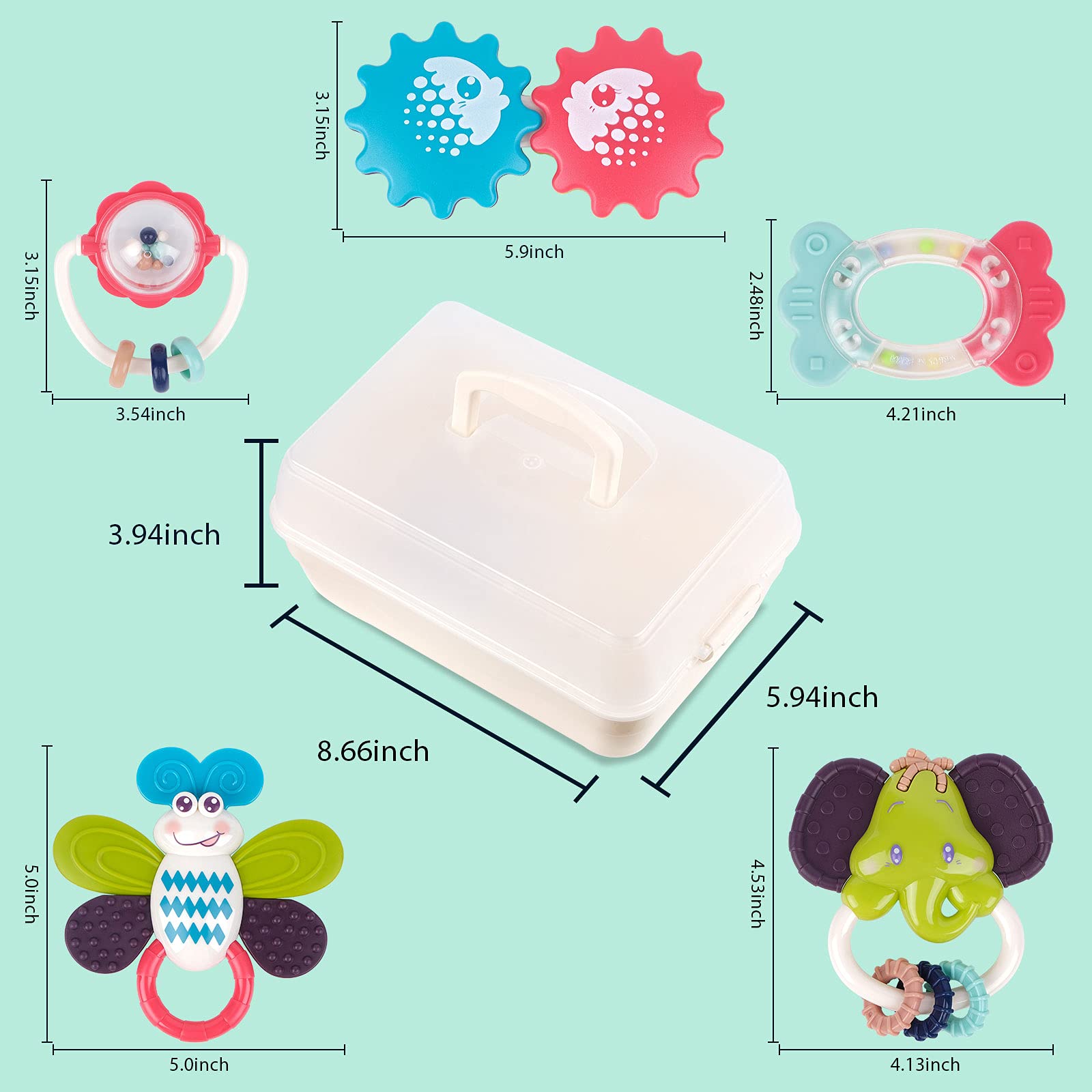 DAMEING Baby Rattle Teething Toys, Infant Sensory Teethers Toy Set, Musical Shaker Grab and Spin Early Educational Newborn Toys for 0 3 6 9 12 Months Babies Boy Girl