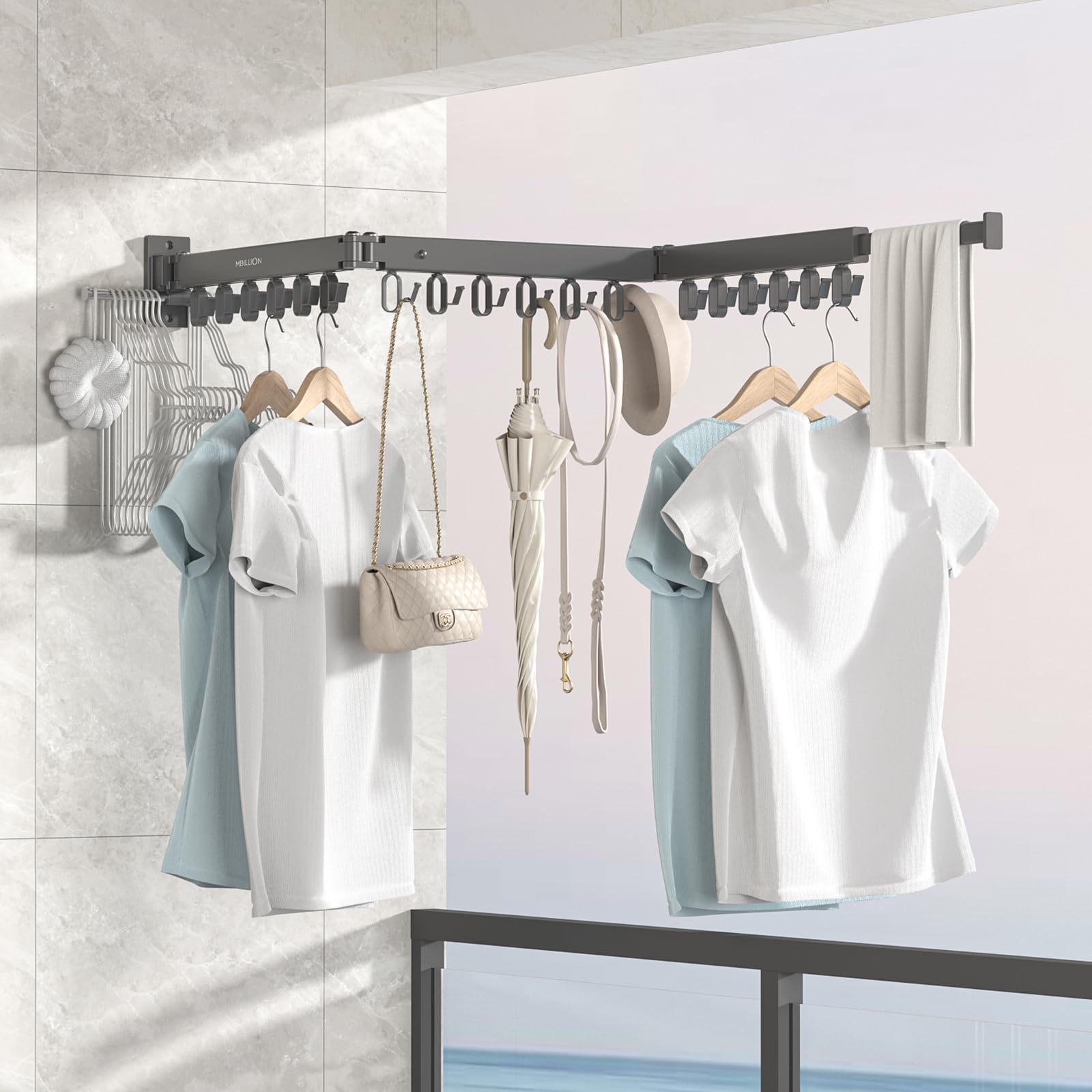 Mbillion Tri Folding Clothes Drying Rack with Extended Arm 48'' Long,Laundry Drying Rack,Wall Mounted Drying Racks for Laundry with Hooks, for Balcony,Laundry,Bathroom (3 fold with Hooks Dark Gray)