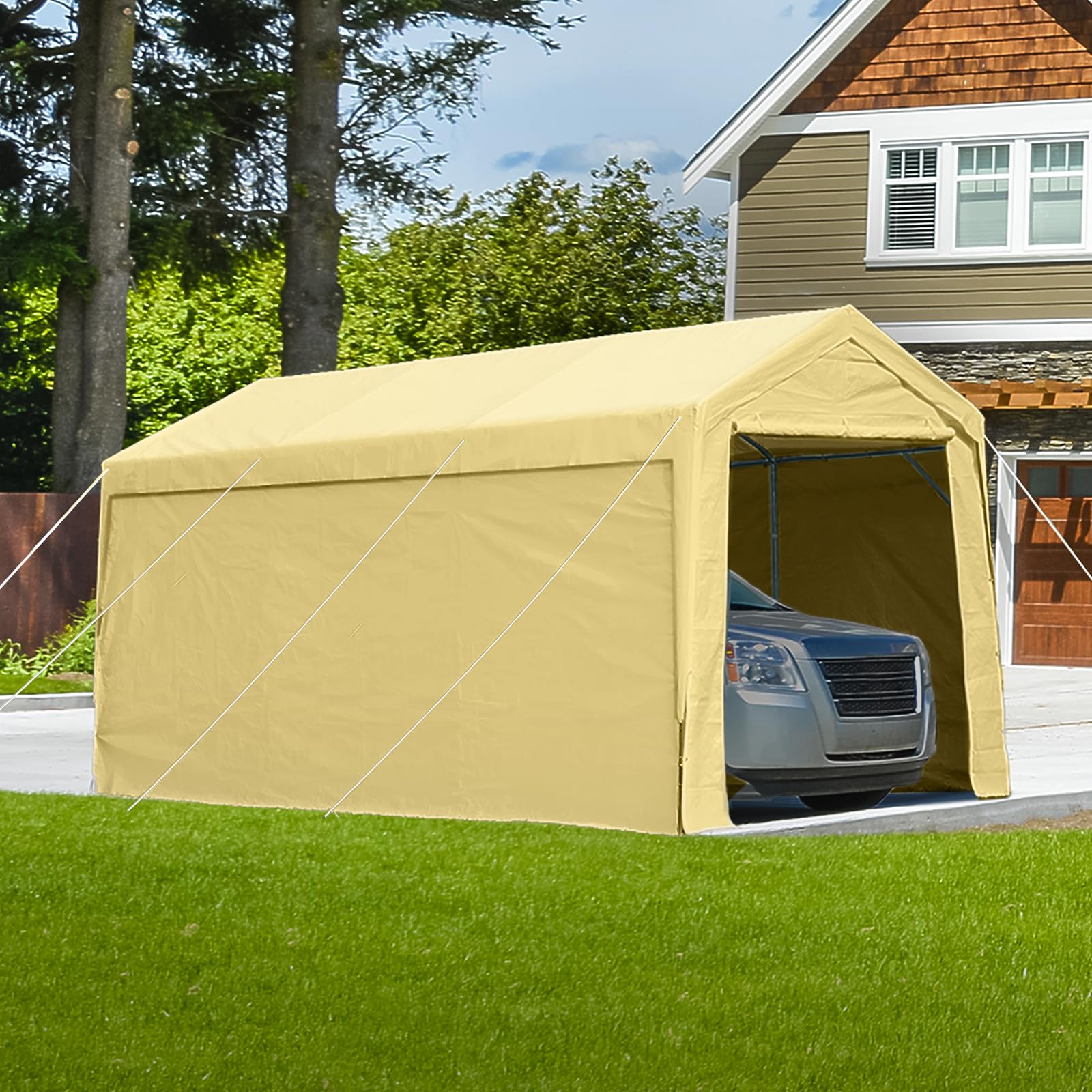 ADVANCE OUTDOOR 10x20 ft Heavy Duty Carport with Removable Sidewalls and Doors, Adjustable Height Car Canopy Garage Party Tent Boat Shelter with Reinforced Poles, Beige