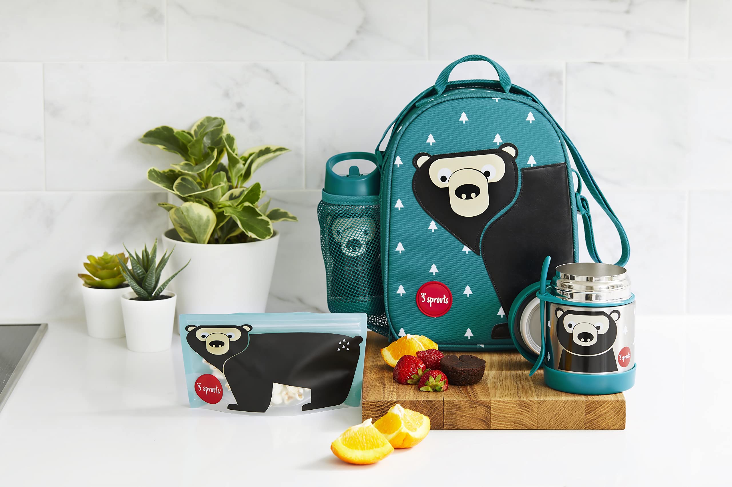 3 Sprouts Insulated Lunch Bag for Kids - Reusable Tote with Shoulder Strap, Handle and Pockets, Bear