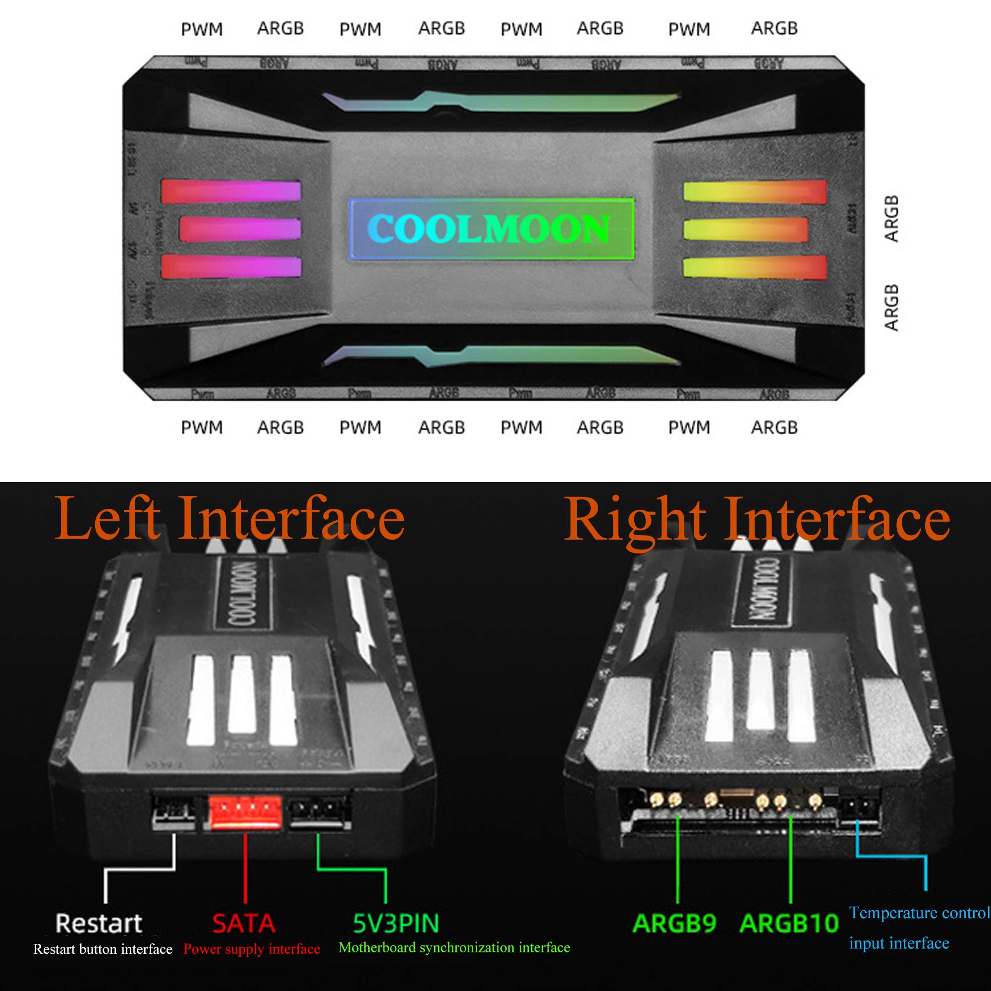 KLLsmDesign Pwm Fan Temperature Controller Integrator, Remote Control Computer RGB Light Adapter, 8 * 4 Pin Fan Speed Controller Ports, 10 * 5v 3pin A-RGB Ports with Magnet (Black)