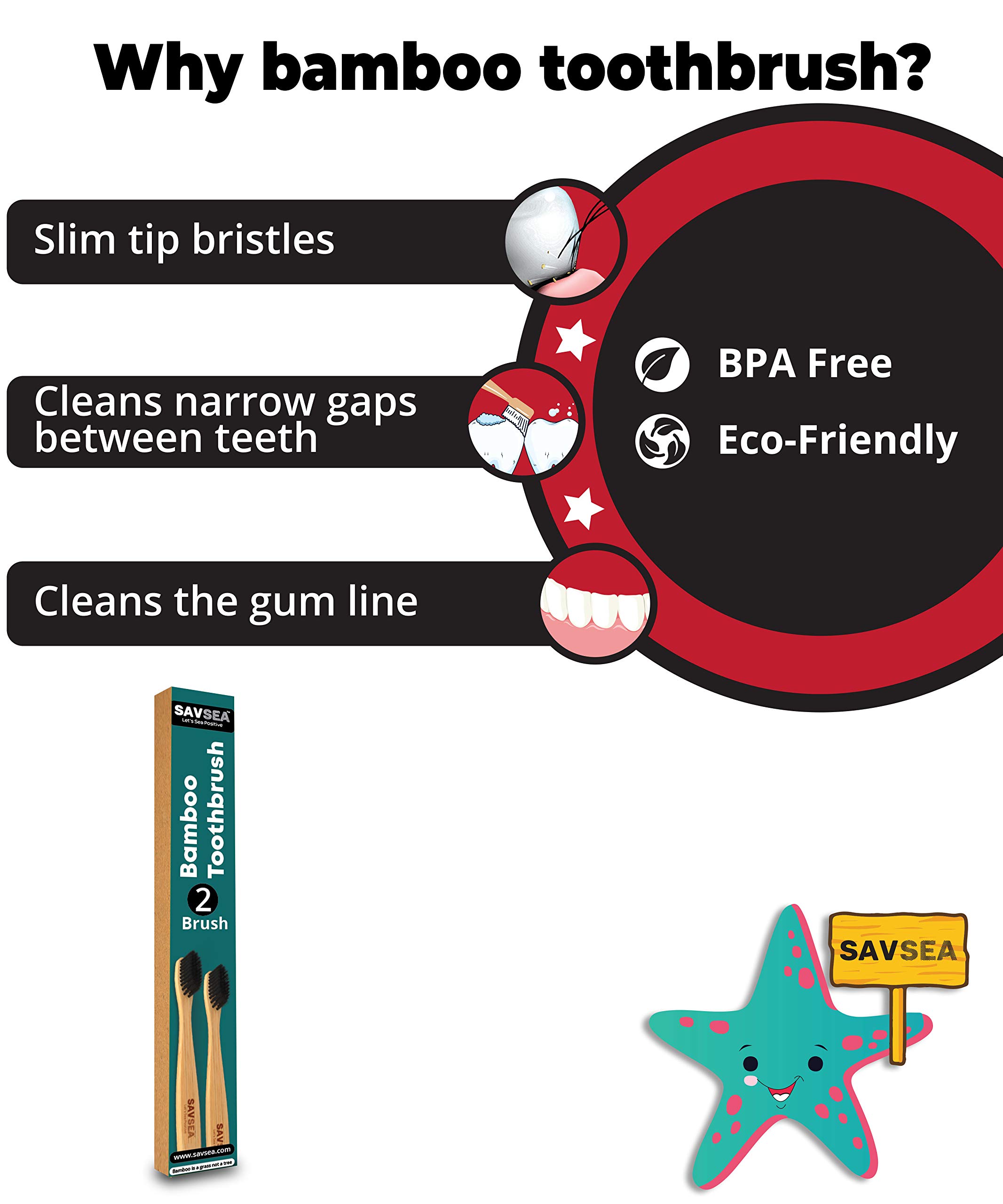 SAVSEA Bamboo Toothbrush Soft Bristles with Medium Bristles for Adults (2 Toothbrushes)