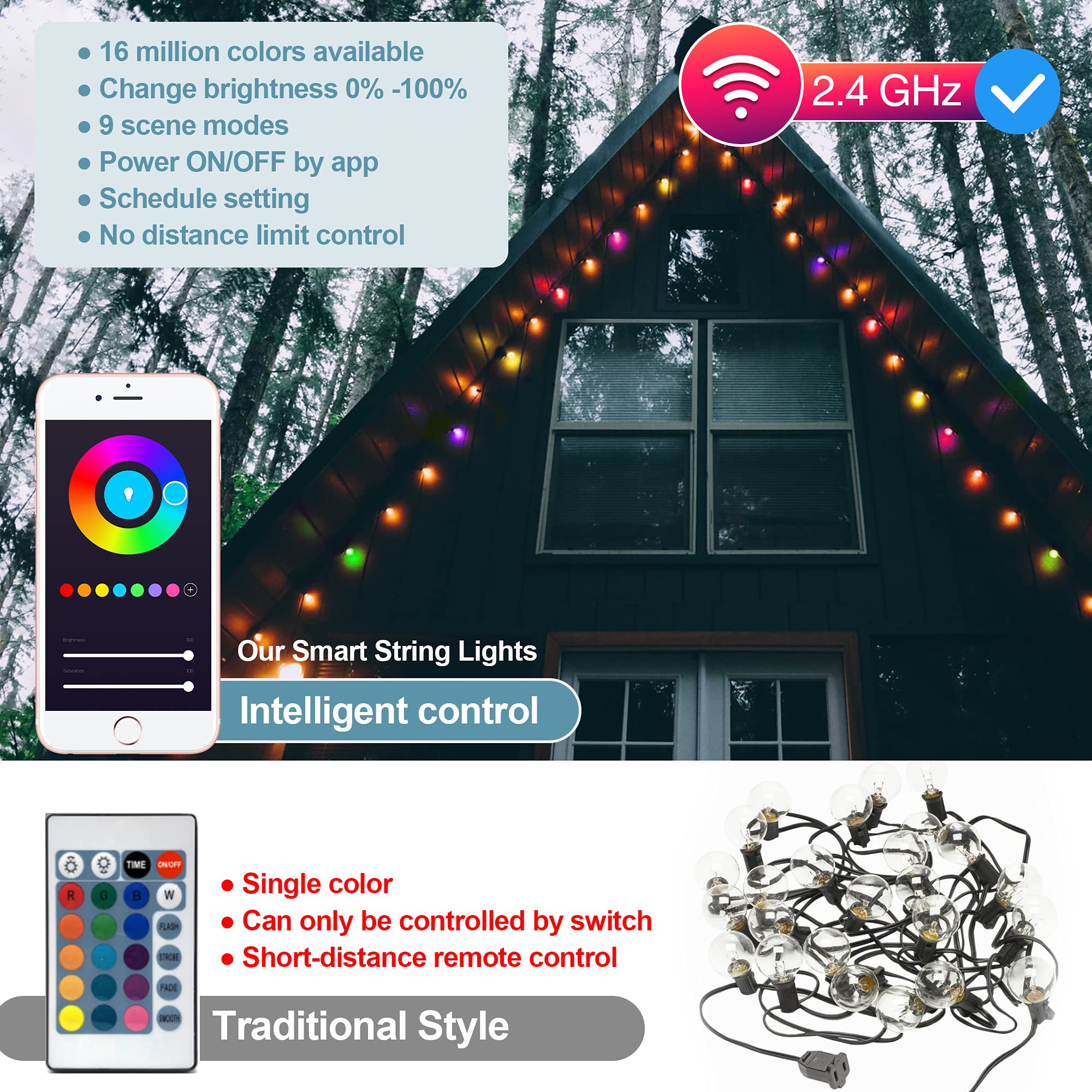 iMagic Outdoor String Lights, 98 Ft Smart RGB Patio Lights, 30 LED Bulbs Multi Color String Lights, for Alexa/Google Assistant, App Control, 2.4 GHz Only, IP65 Waterproof, Meet to U.S. Standards