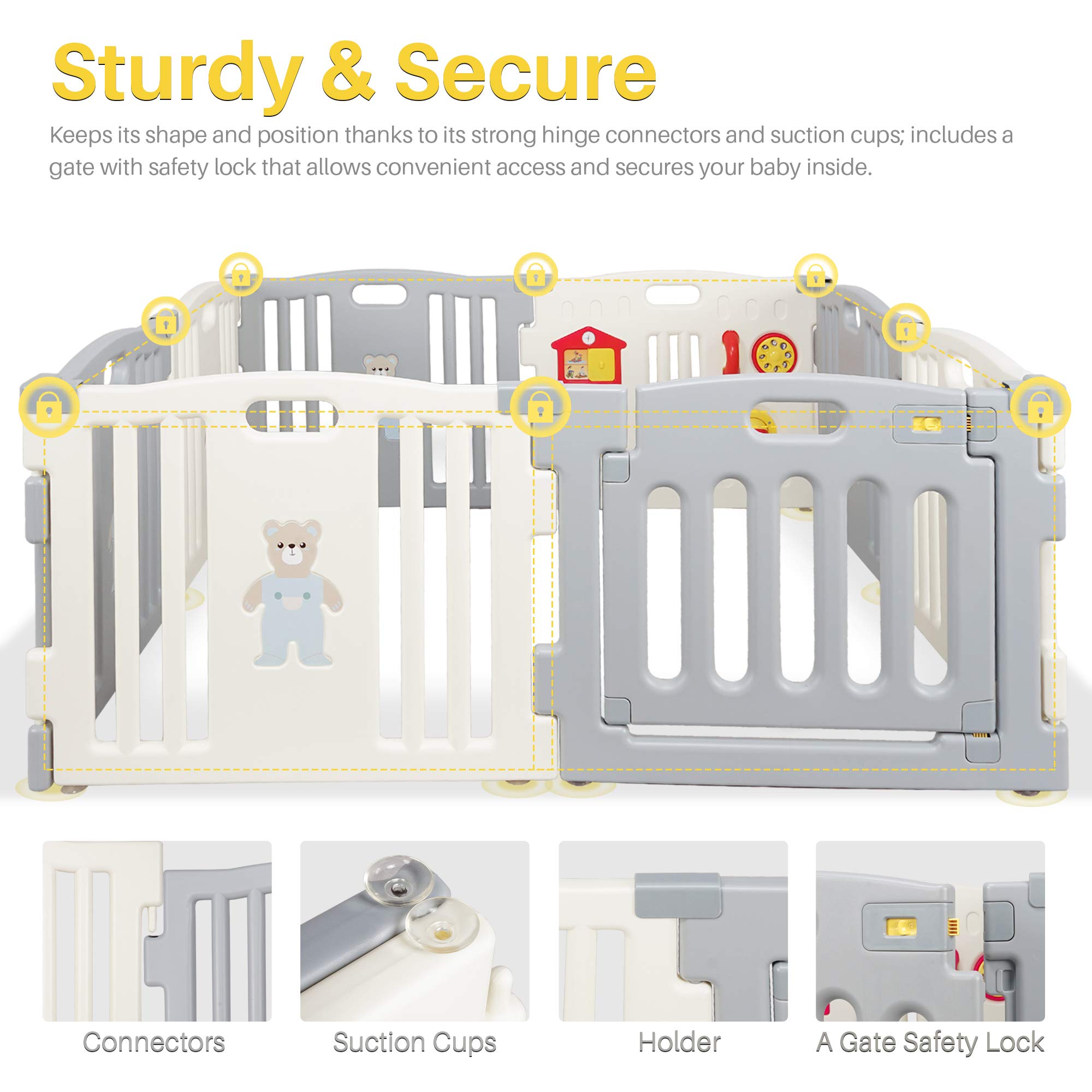 Kidzone Grey - White Baby Interactive Playpen 8 Panel Safety Gate Children Play Center Child Activity Pen ASTM Certified