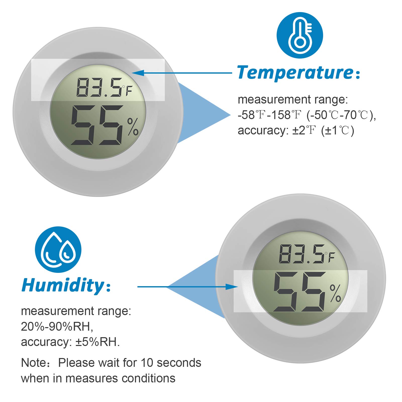 8 Pieces Mini Hygrometer Thermometer Round Digital Humidity Gauge Monitor Electronic Humidity Temperature Meter LCD Display Indoor Outdoor Hygrometer Thermometer for Greenhouse Home Kitchen (White)