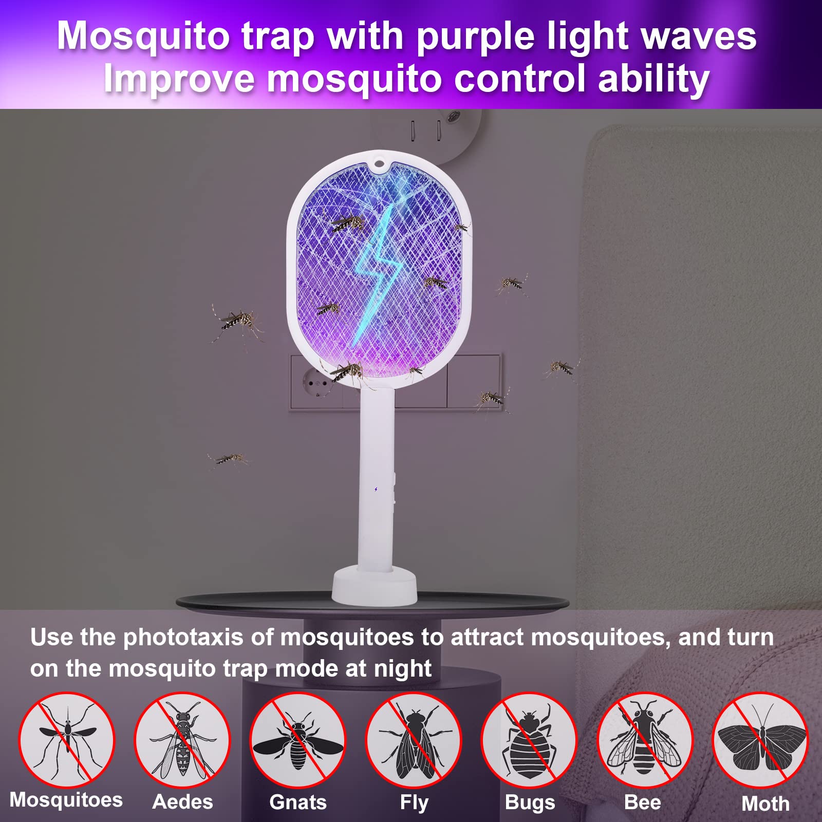 4 Pcs Electric Fly Swatter Bug Zapper Racket 2 in 1 USB Rechargeable Mosquito Racket 3000v High Powered Mosquito Killer for Indoor Outdoor Home Bedroom Kitchen Patio Office Insect