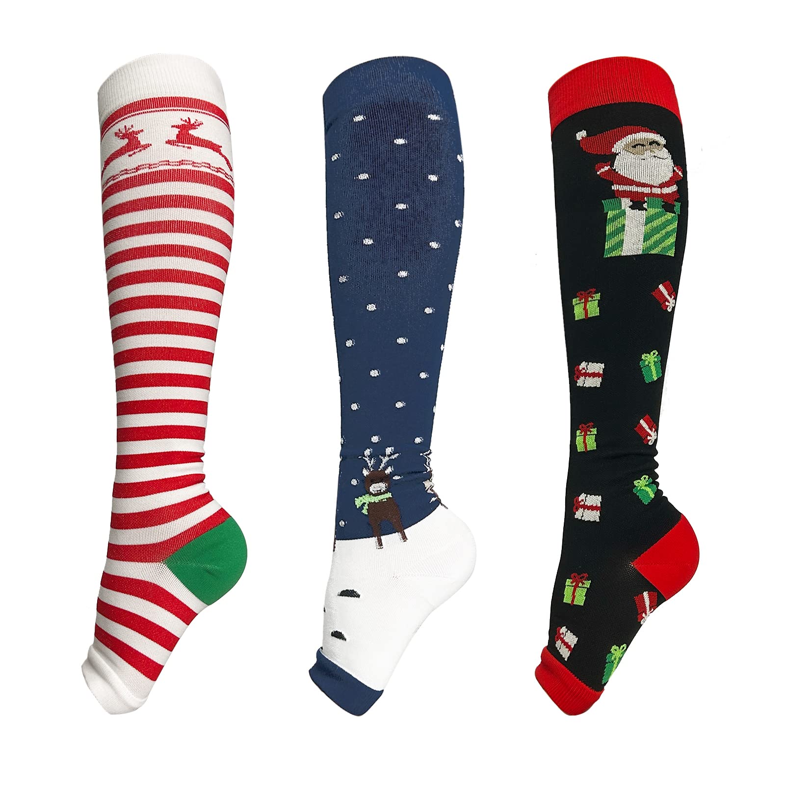 3 Pairs Toeless Christmas Compression Socks for Women & Men Knee High Open Toe Compression Stockings 20-30 mmHg