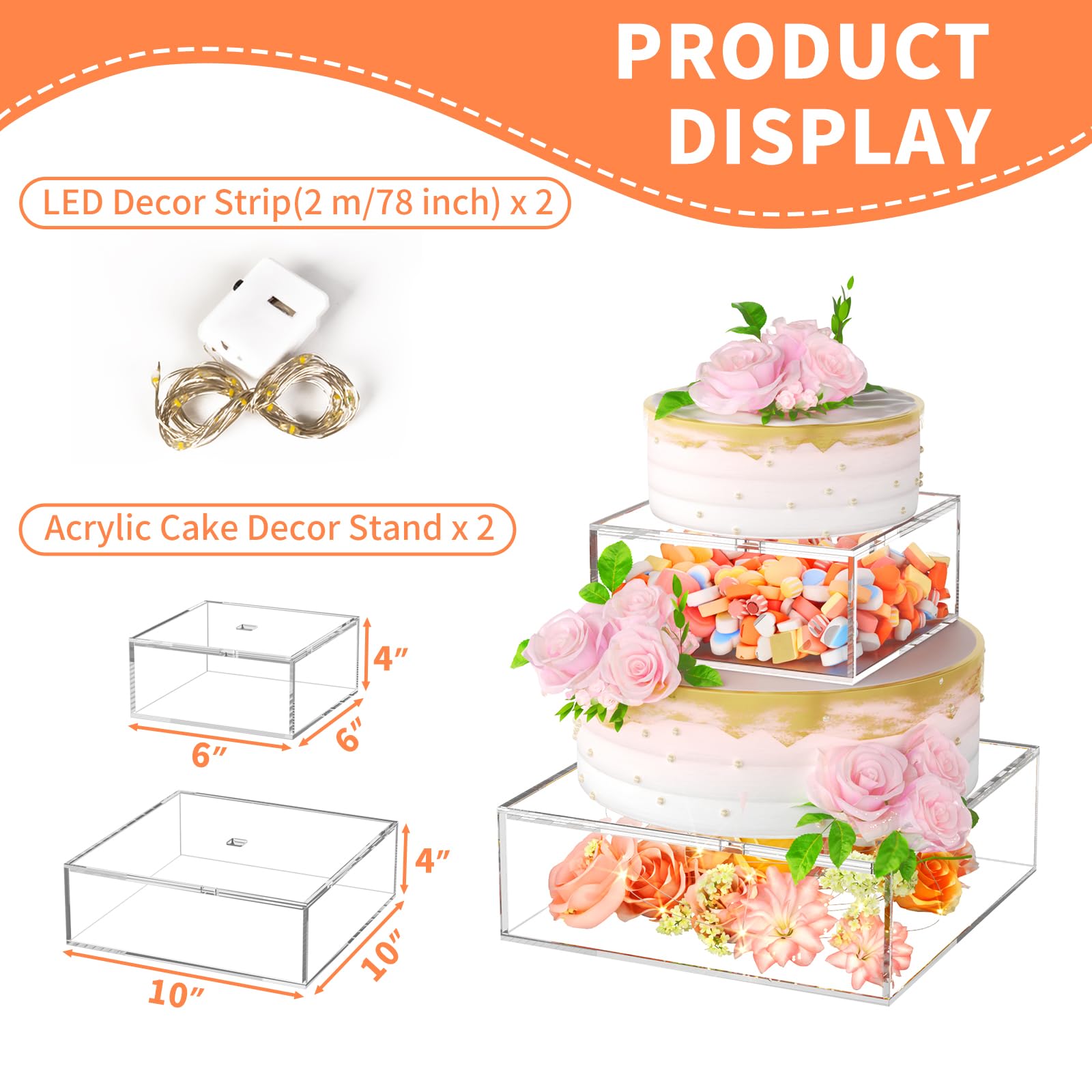 2PCS Clear Acrylic Cake Stand, Fillable Cake Box Riser Cake Tier, Square Cake Display Box with Lid, Decorative Centerpiece Box for Wedding Birthday Party (2pcs, 10" Dx4β H; 6" Dx4β H, 2M LED Lights)