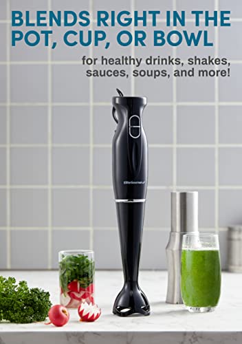 Elite Gourmet EHB1023 Immersion Hand Blender 300 Watts 2 Speed Mixing with Detachable Blades, Detachable Wand Stick Mixer, Smoothies, Baby Food, Soup, Black
