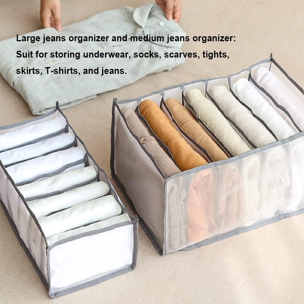 Dongyue 2Pcs 7 Grids Wardrobe Clothes Organizer Jeans Wardrobe Organizer Washable Mesh Kids Drawer Organizer suit for T-shirt,Legging,Skirts,Jeans,Kid Clothes (Grey, Large+Medium)