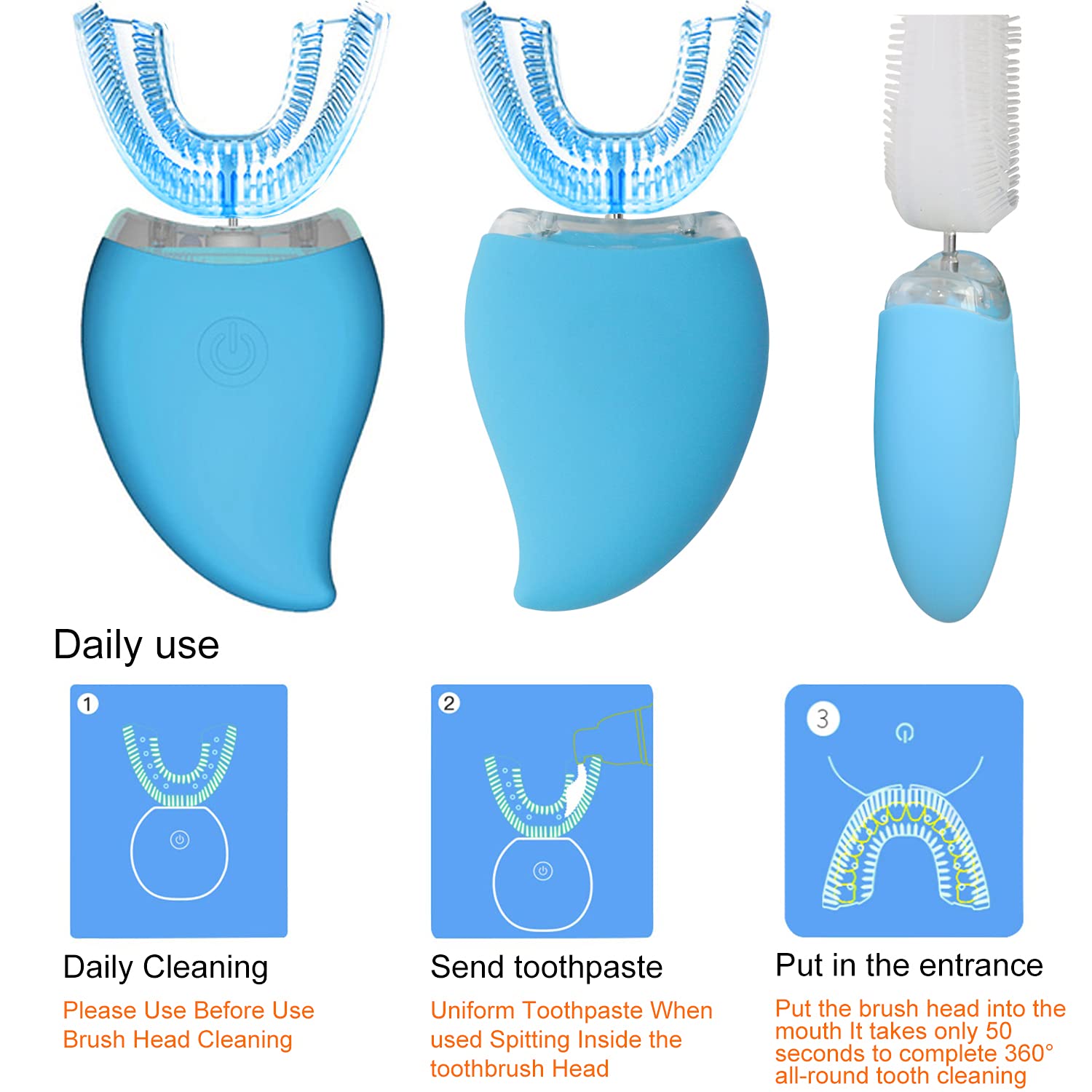 BESUNTEK 360°Ultrasonic Electric Toothbrush Sonic Toothbrush for Adults,Waterproof Washable and Reusable Sonic Automatic Toothbrush with U-Shaped Silicone Toothbrush Head (Blue)