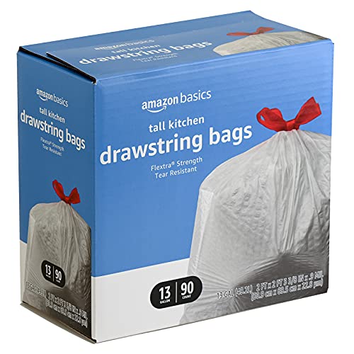 Amazon Basics Flextra Tall Kitchen Drawstring Trash Bags, Unscented, 13 Gallon, 90 Count