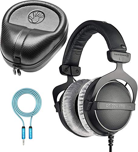blucoil Beyerdynamic DT 770 PRO 80 Ohm Over-Ear Studio Headphones in Gray. Wired for Professional Recording and Monitoring Bundle 6' 3.5mm Audio Extension Cable, and Slappa Headphone Case