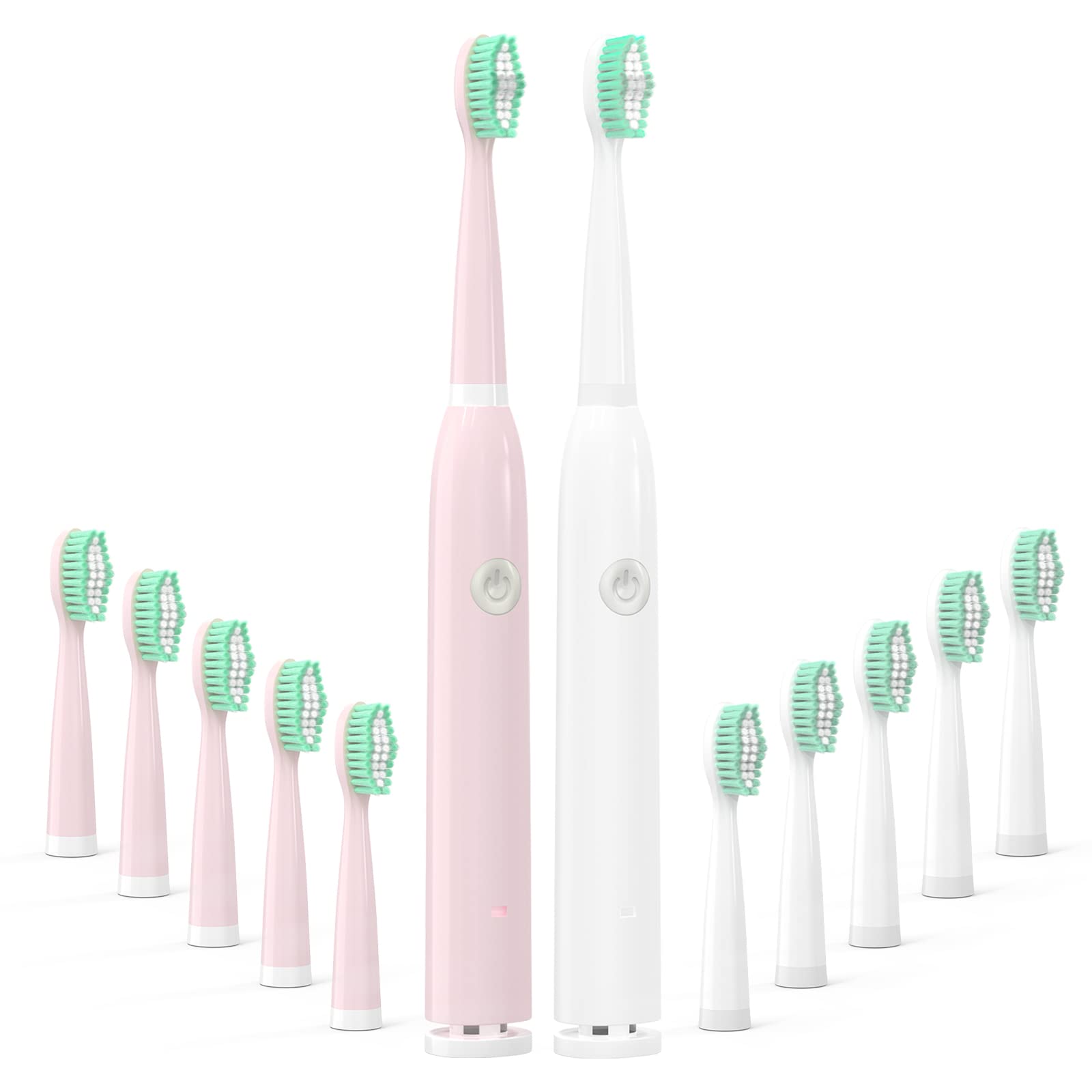2 Pack Rechargeable Electric Toothbrushes with 10 Brush Heads, Electric Toothbrush for Adults and Kids with 5 Modes, 2 Minutes Smart Timer, Once Fullly Charging for 45 Days, White & Pink