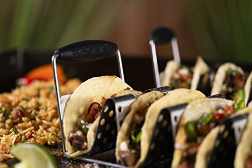 BLACKSTONE 5551 Deluxe Holder Stand Pack of 2 Stainless Steel Racks with Heat Resistant Handles-One Tray Holds 6 Tacos-Dishwasher Safe, Black/Silver