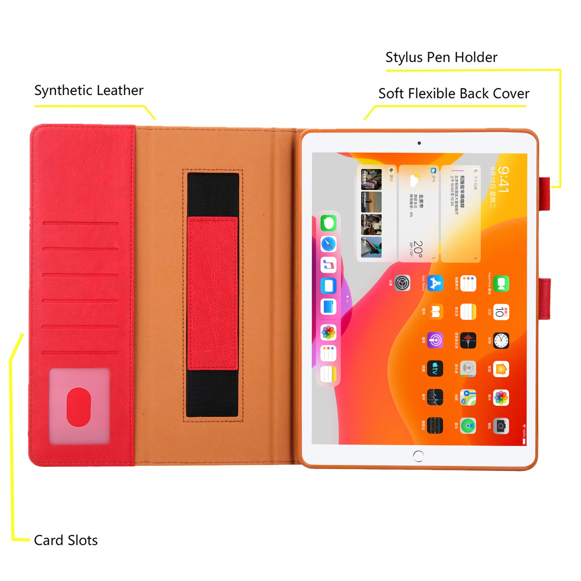 UUcovers Case for Apple iPad 10.2" 9th/8th/7th Generation (2021/2020/2019) & iPad Air 3 10.5 Inch (3rd Gen) & iPad Pro 10.5 Cover with Hand Strap Stand [Pencil Holder] Pocket [Auto Sleep/Wake], Red