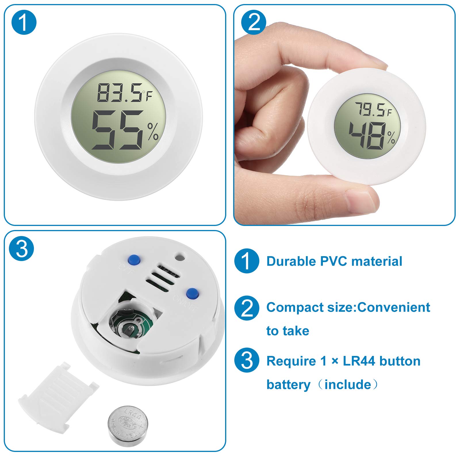 8 Pieces Mini Hygrometer Thermometer Round Digital Humidity Gauge Monitor Electronic Humidity Temperature Meter LCD Display Indoor Outdoor Hygrometer Thermometer for Greenhouse Home Kitchen (White)