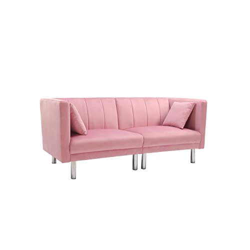 70" Velvet Couch,Tufted Loveseat Sofa,Convertible Futon Sofa Bed,Accent Sofa Recliner,2 Couch Pillows,Mid Century Modern Sofas for Home Living Room Bedroom (Pink)