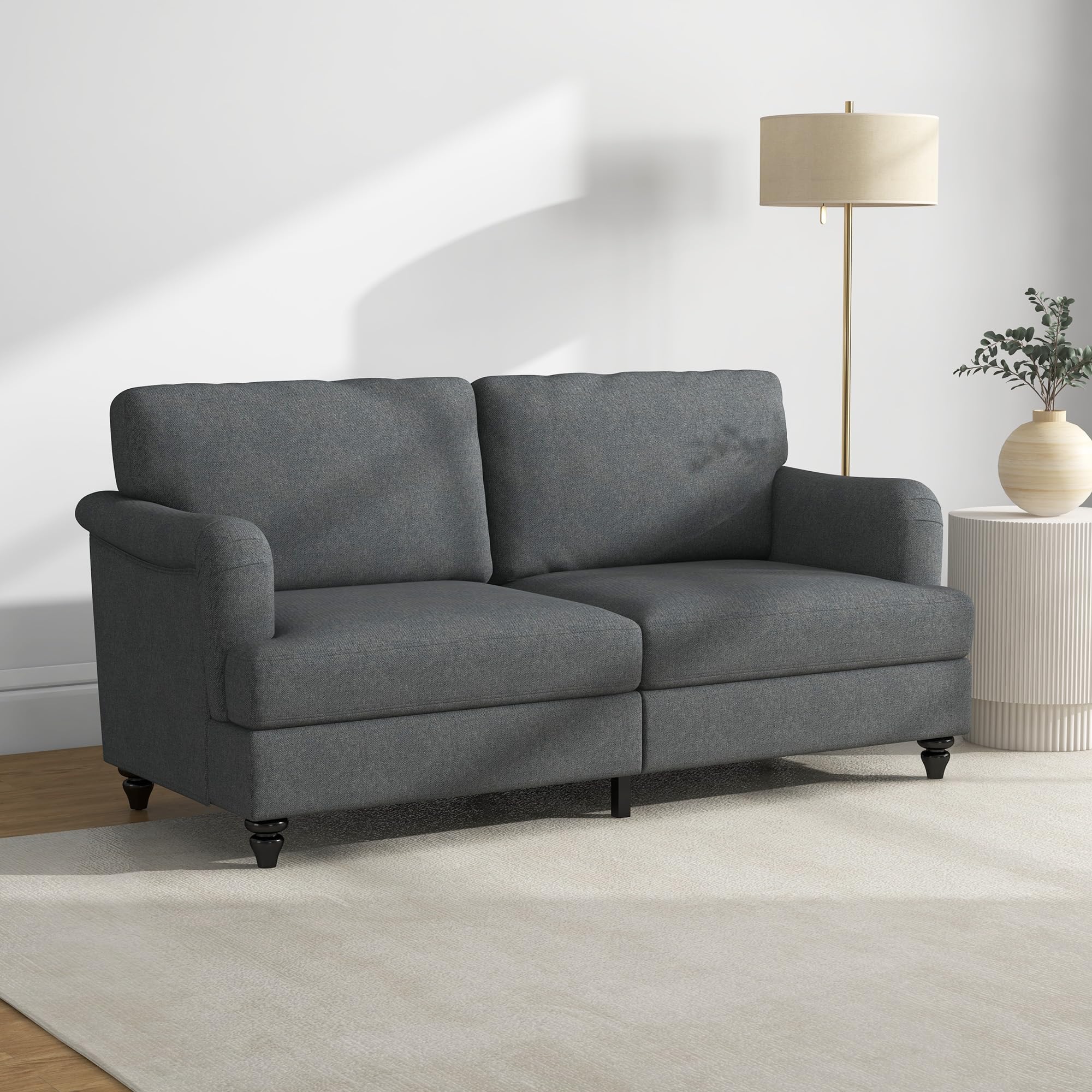 HOMCOM Modern 3-Seater Sofa for Bedroom, 71" Linen Fabric Couch with Slatted Frame and Rubber Wood Legs, Dark Gray