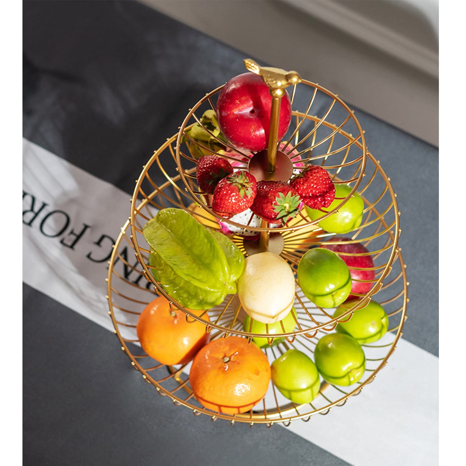 3 Tier Kitchen Countertop Fruit Basket Bowl for Bread Vegetables Snack Storage, Removable Organizer Shelf Storage Rack, Modern Design Tiered Fruit Holder Stand,for Gifts Home Party (bird head gold)