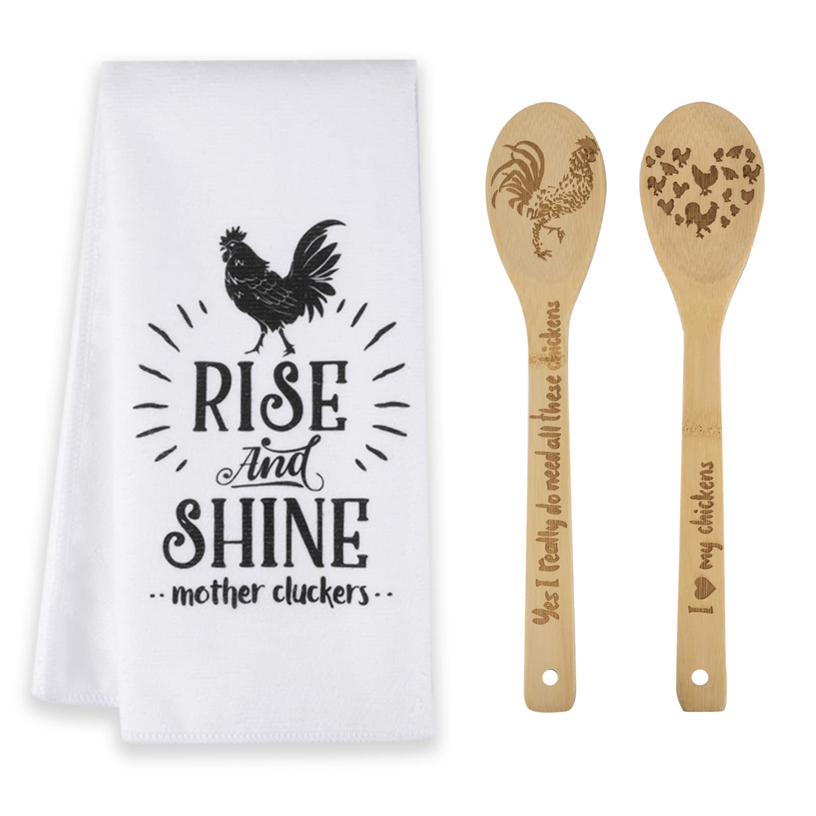 3PCS Rooster Kitchen Decor,Rooster Kitchen Towels,Rooster Wooden Spoons,Farmhouse Kitchen Decor,Rooster Gifts,Chicken Gifts for Chicken Lovers,Chicken Tea Towel,Housewarming Wedding Mom Cooking Gift