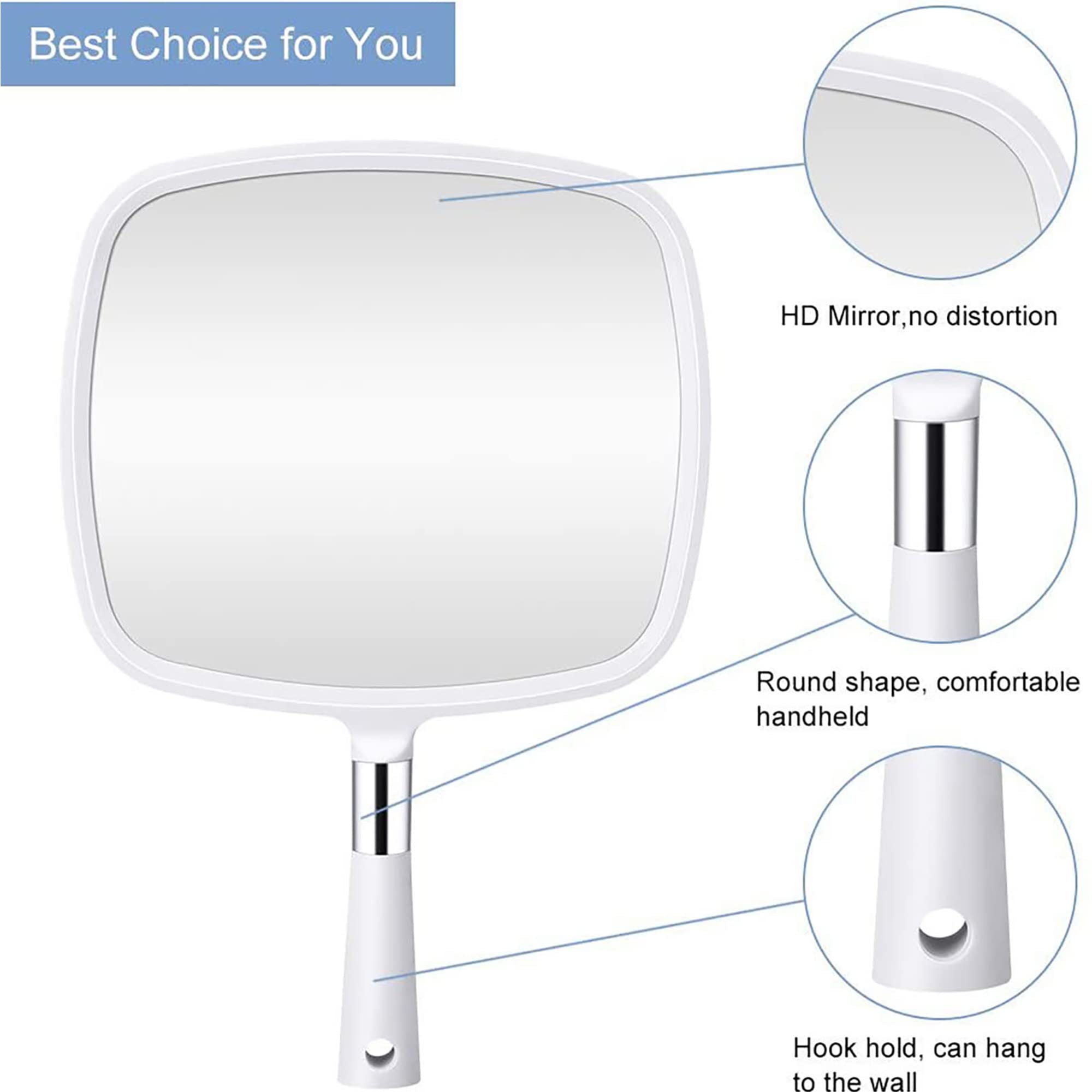 Orange Tech Large Hand Held Mirror with Handle, Makeup Hand Mirror with Hook Hole for Bathroom and Bedroom, Barbers Haircut Mirror for Home and Salon
