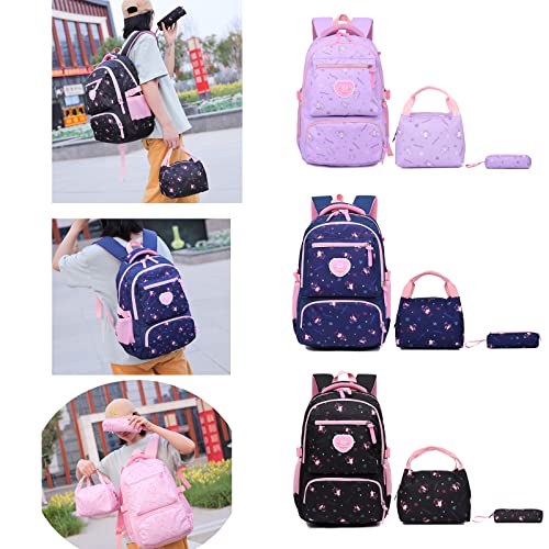 3Pcs Pretty Girls Elementary Bookbag Satchels for Primary Girls School Bag Backpack Set with Lunch Kits