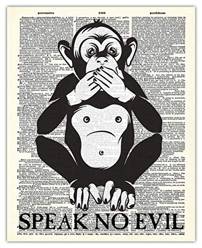 3 Wise Monkeys Dictionary Wall Art Prints: Unique Room Decor for Boys, Men, Girls & Women - Set of Three (8x10) Unframed Pictures - Great Gift Idea
