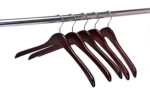 Quality Wooden Curved Coat Hangers, Suit Hangers, Smooth Solid Wood Pants Hangers, Swivel Hook, Coat, Jacket, (Walnut - Chrome Hook, 5)