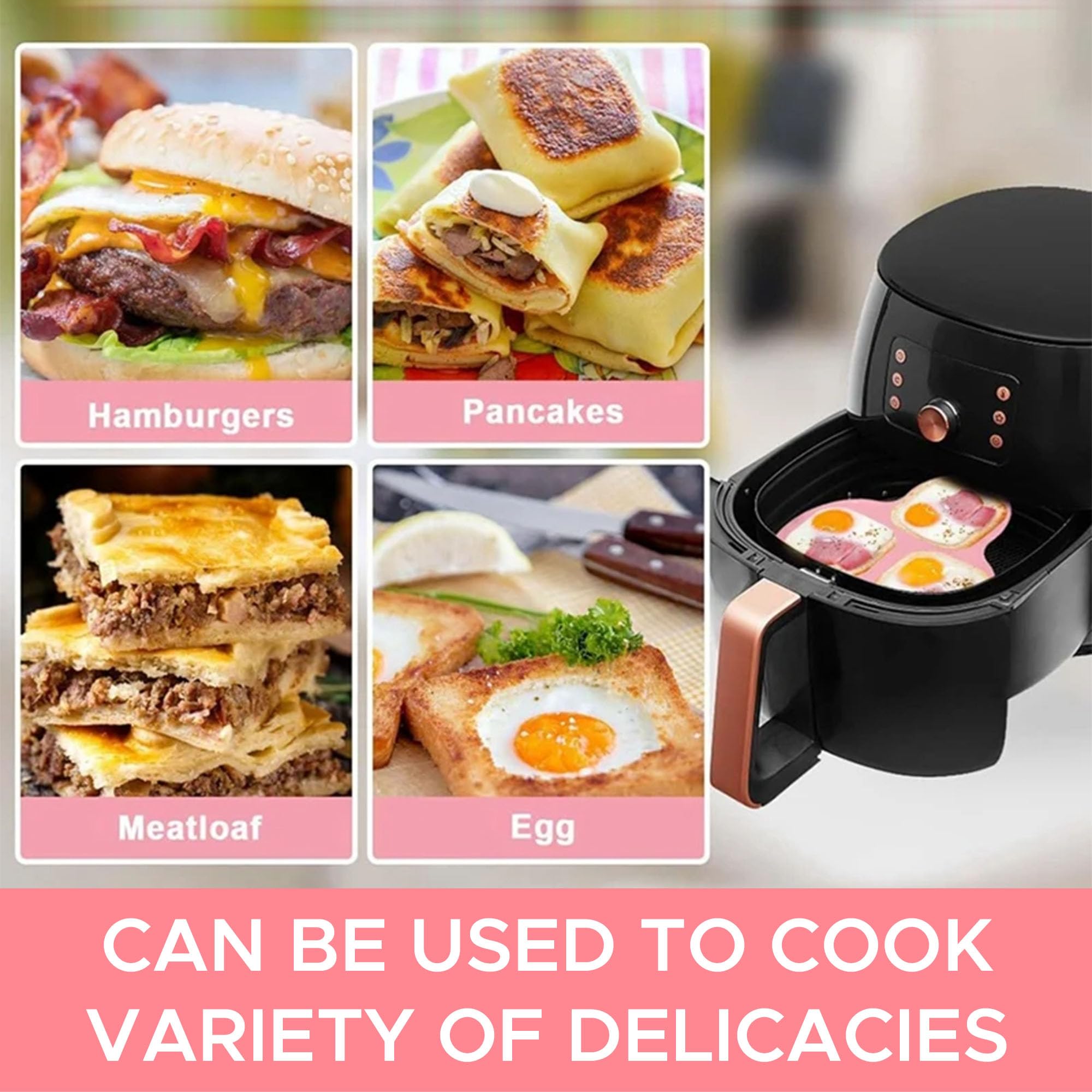 Non-Stick Air Fryer Pancake Maker, Reusable Air Fryer Egg Pan, Egg Poacher, Air Fryer Accessories, For Egg Sandwich, Hamburger, Muffin, Pancake (Square Silicone Pancake Egg Mold-3 cavity (Pink&Gray)