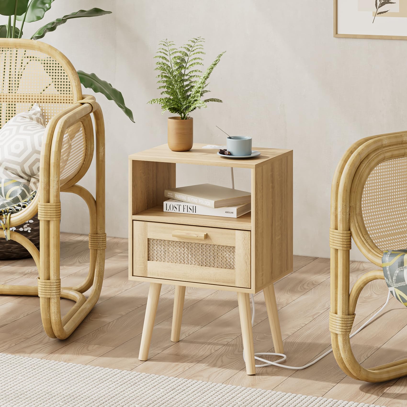 AEPOALUA Nightstands with Charging Station, End Table, Rattan Nightstand, Side Table with Hand Made Rattan Decorated Drawers, Wood Accent Table with Storage for Bedroom