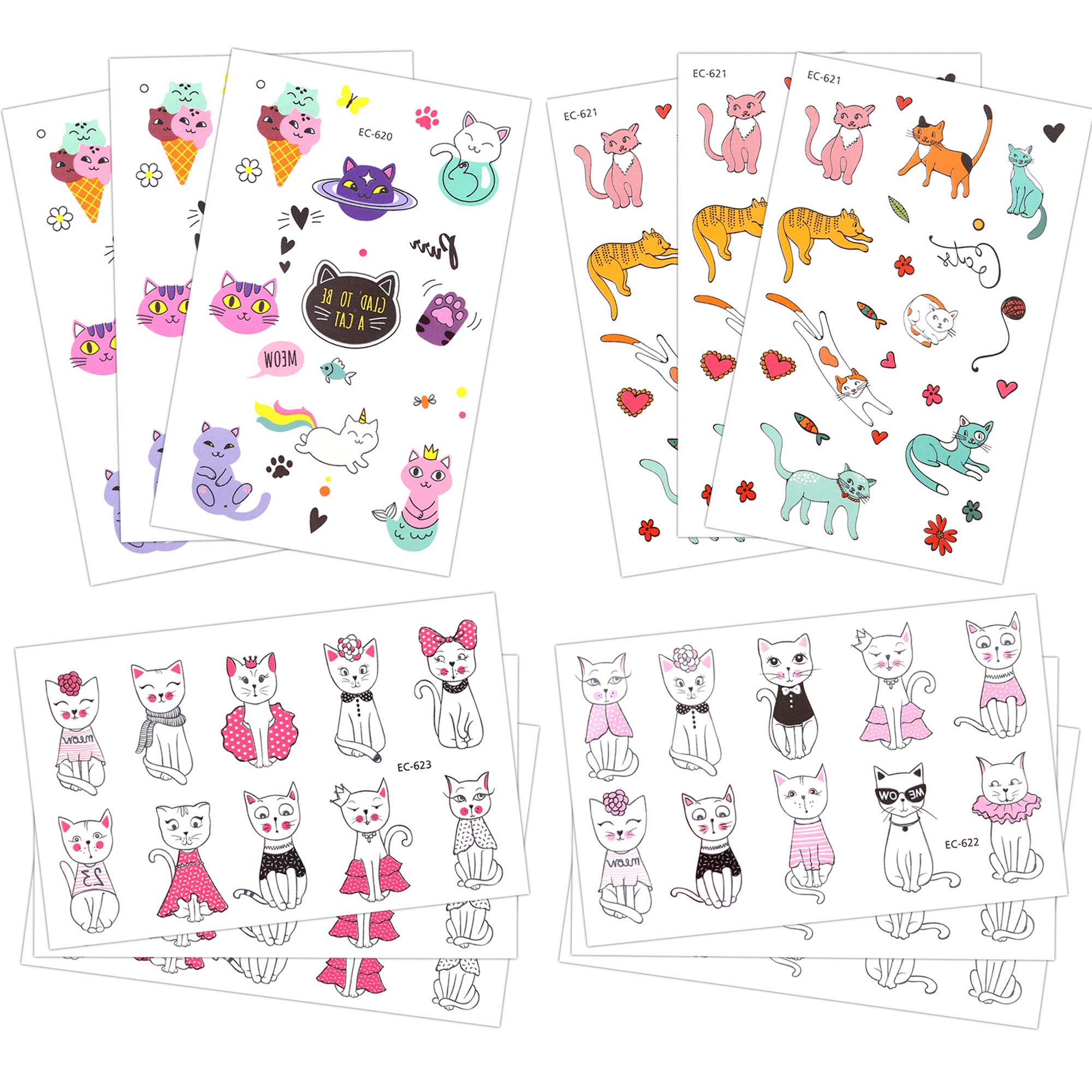Temporary Tattoos for Girls Kids Women(180pcs), Konsait Cute Kitty Cat Tattoos Waterproof Body Art Sticker Great Birthday Party Favors Kids Party Accessories Goodie Bag Stuffers Party Fillers Gift