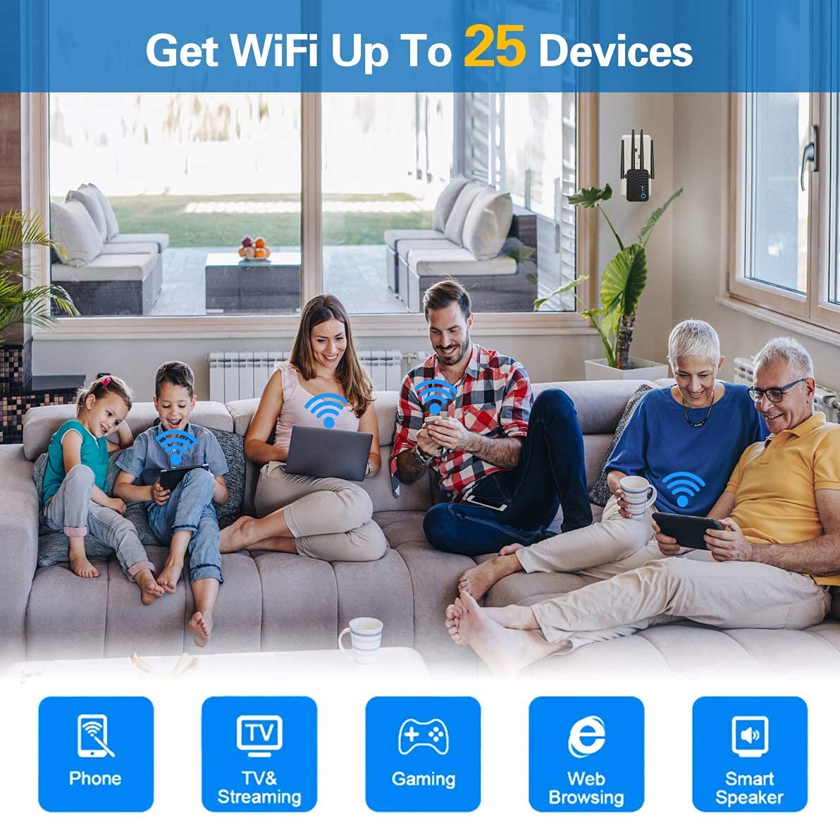 Wireless Signal Booster up to 1500 Sq.ft, 2.4 & 5GHz Dual Band Amplifier with Ethernet Port, 4 Antennas 360° Coverage Extend WiFi Signal to Smart Home