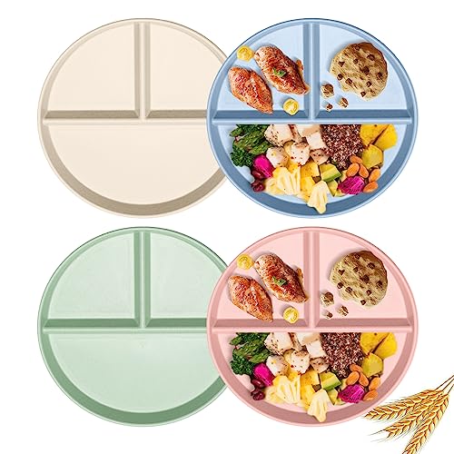 ArderLive Wheat Straw Plates 4 PACK, Divided Plates Tray, Dinner Plates, Reusable, Assorted Colors Dinnerware Sets, Microwave & Dishwasher Safe, Healthy for Adult