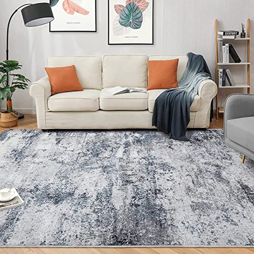 Area Rug Living Room Carpet Bedroom: 8x10 Indoor Abstract Soft Fluffy Pile Large Rugs with Low Shaggy for Bedroom Dining Room Home Office Decor Under Kitchen Table Washable Blue/Gray