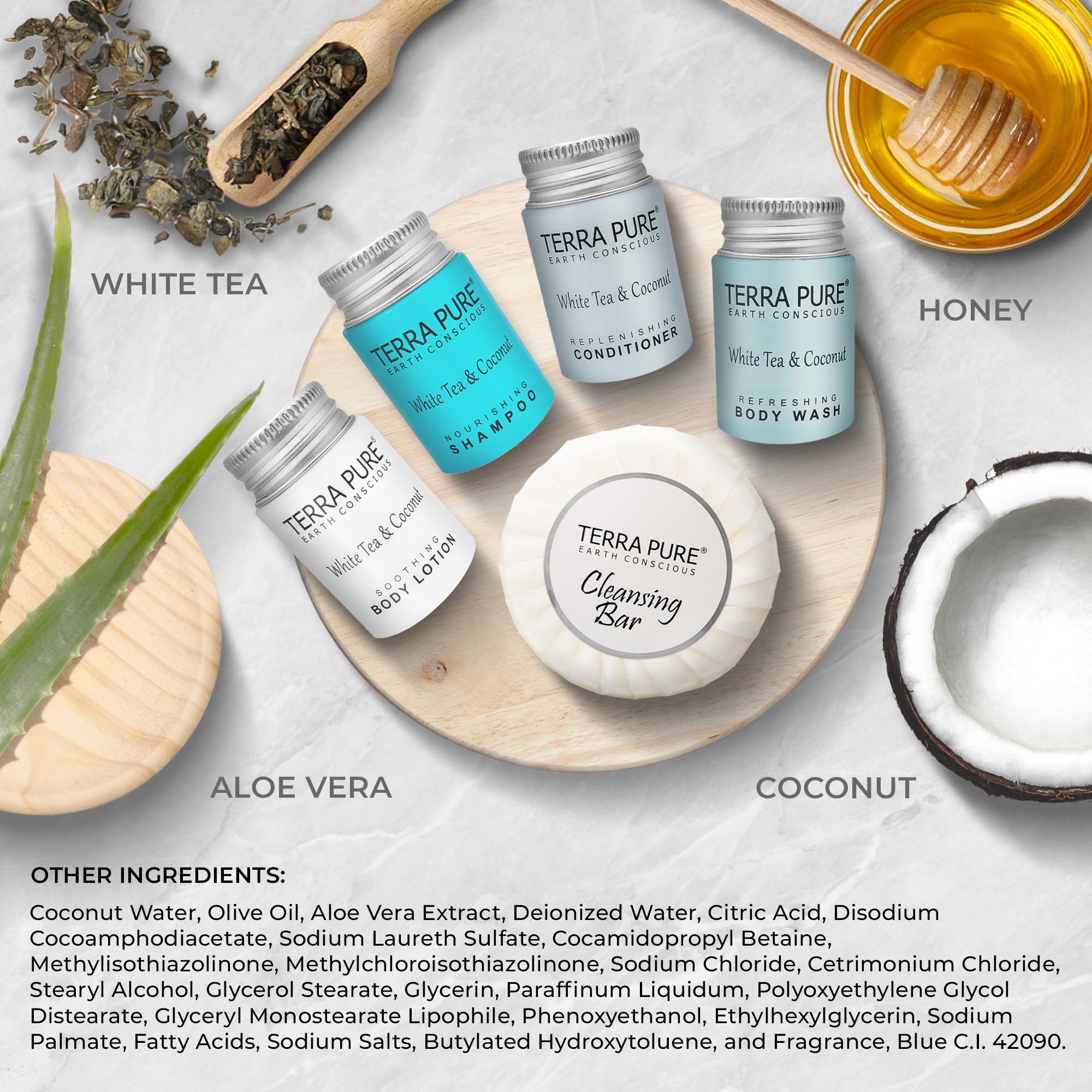 Terra Pure White Tea & Coconut Toiletries Set | 1-Shoppe Amenities Kit | 1oz Liquids, 1.25oz Bar Soap | Hotels, Airbnb & Rentals | 75 Pieces