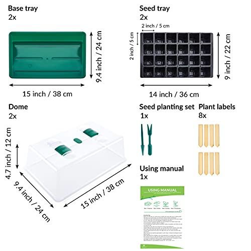 2 Pack Seed Starter Tray | 48 Cells Growing Set for Starting Seeds Indoor | Seed Starter Kit | Includes Humidity Dome with Adjustable Vents | Seedling Tray for Starting Plants and Vegetables
