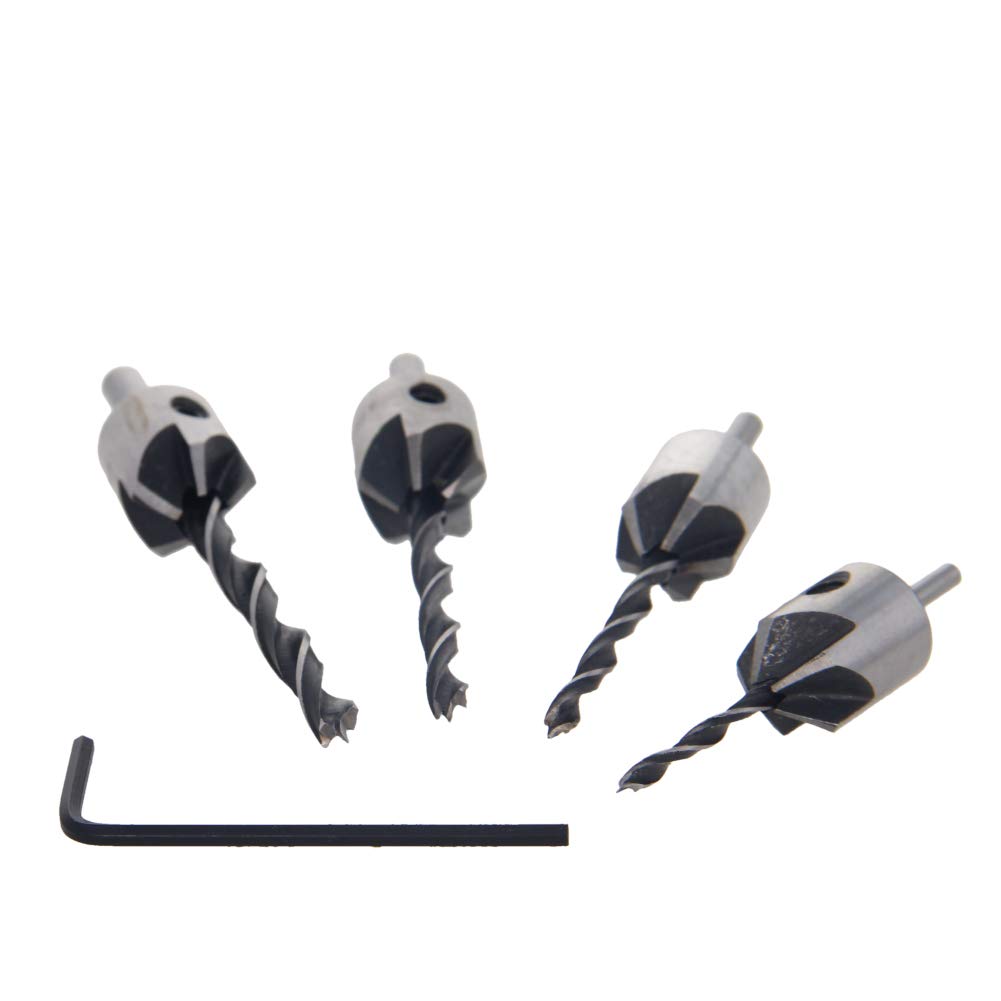 Utoolmart 4 in 1 Countersink Drill Bit Set, 3mm 4mm 5mm 6mm Quick Change Drill Bit with One Hex Key, Adjustable Carpentry Reamer Plated for Wood DIY, HSS