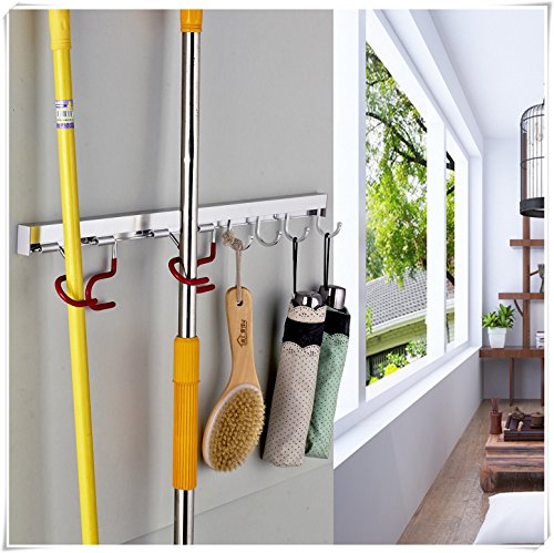 Cavoli Mop and Broom Organizer Wall Mounted, 4 Adjustable Holder and 3 Hooks,Storage Solutions for Broom Holders, Metal and Easy Clean