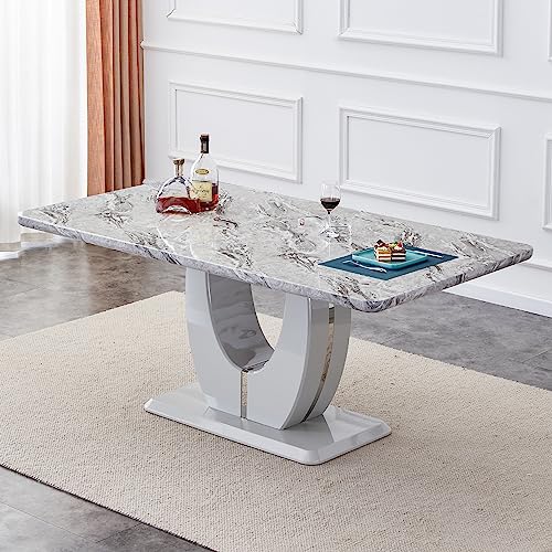 71" Marble Dining Table for 6-8 People,71" Kitchen Table with Imitation Marble Grain MDF Table Top & U-Shaped Supports & Grey Wooden Base Modern Dining Room Table Grey Dining Table