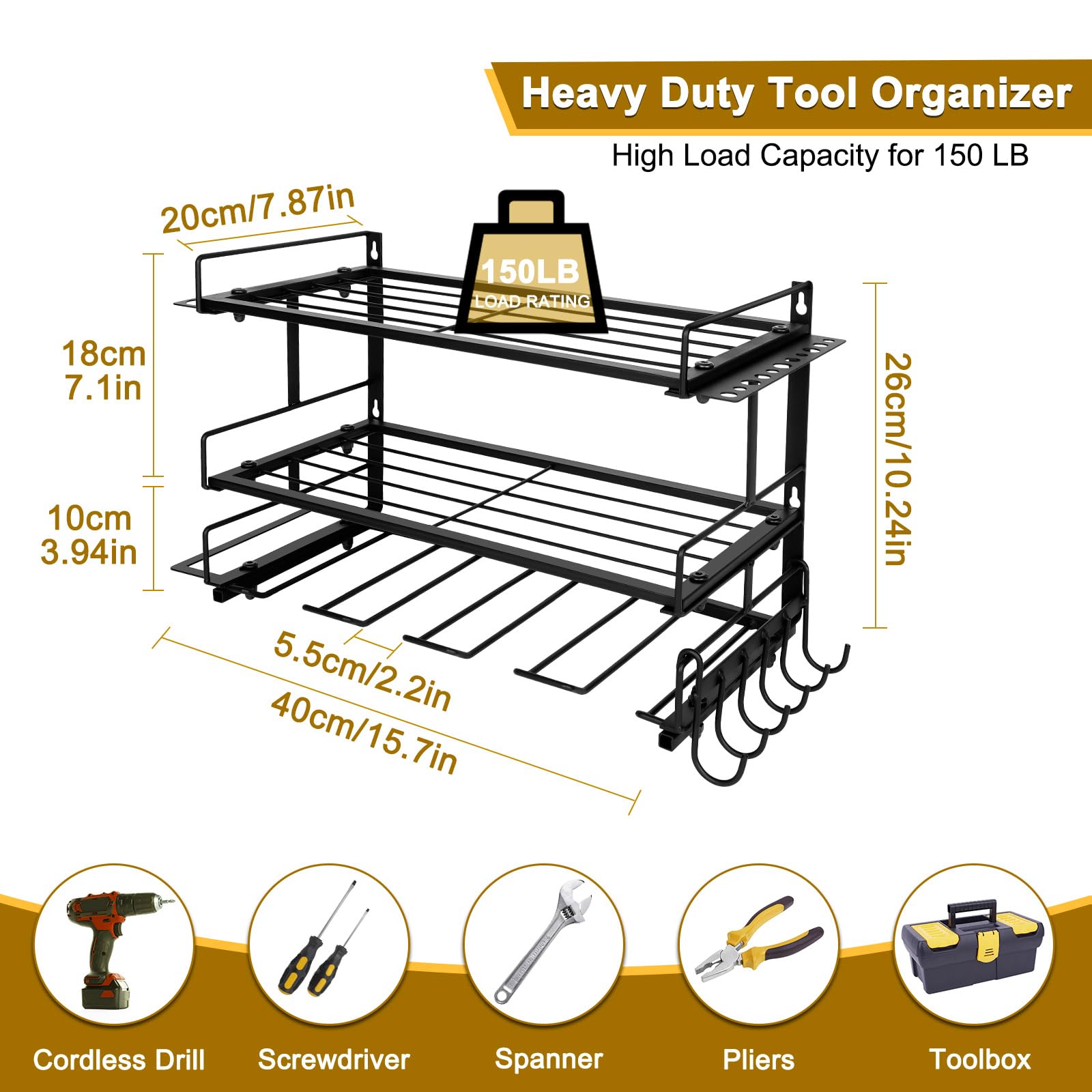 BNNMKL Power Tool Organizer Wall Mount, 3 Layers Cordless Drill Storage Rack, Super Large Storage Rack for Power Tool Drill, Screwdriver and Drill Holder Battery Rack or 4 Drill Holders