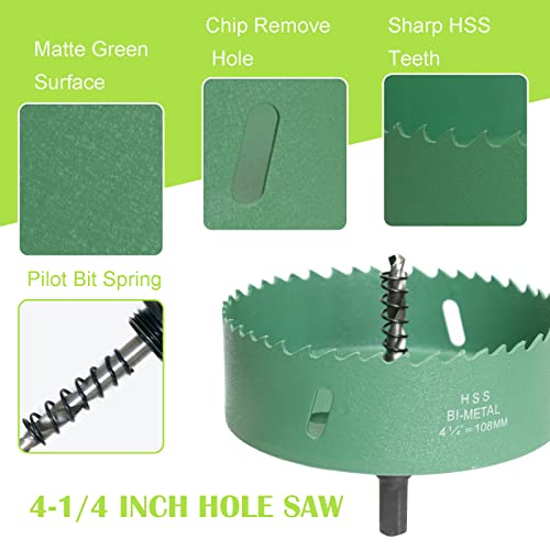 4-1/4 Inch Hole Saw, HSS Bi-Metal Hole Saw Kit, Cutting Dia 108mm Hole Saw Set, 36mm Cut Depth, 3 Drills Replacements Hole Saw Kit for Wood, Plasterboard, PVC, Drywall, MDF