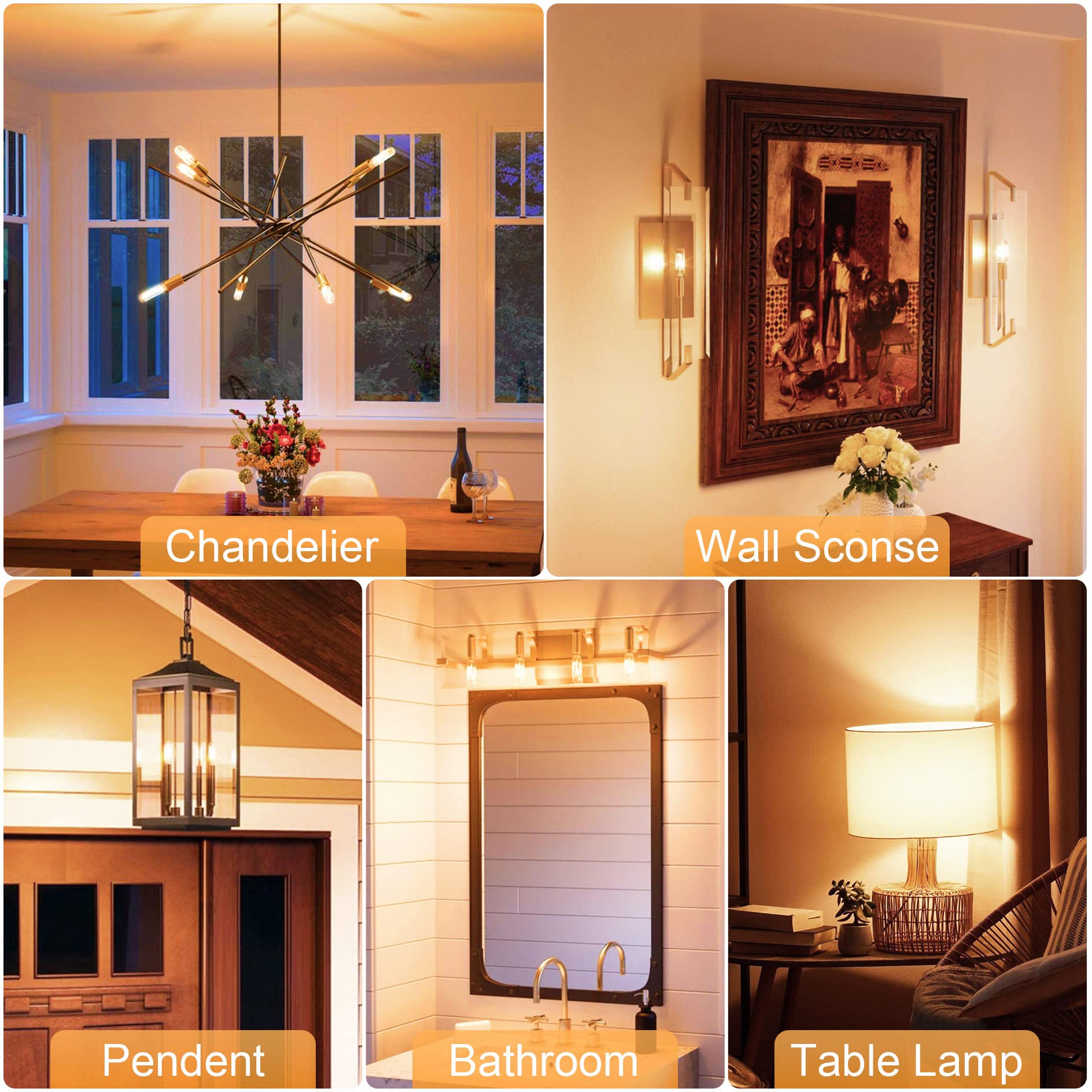 hansang E26 Edison LED Bulb, 40W Equivalent, 3000K Warm White Dimmable Tubular T10 LED Bulb, E26 Base Light Bulbs for Chandelier, Decorative Light Bulbs with Clear Glass, 120V, CRI85+, 400LM, 6 Pack