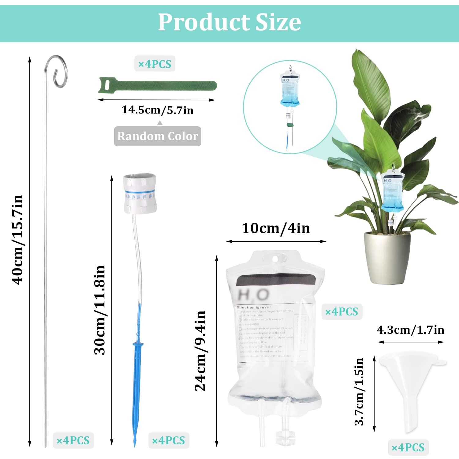 4 Pcs Plant Drip Irrigation Bag, 350ML Plant Self Automatic Flower Watering Devices Irrigation Drippers with Metal Support Rod Self Watering Small Funnel for Indoor Outdoor Automatic Watering System