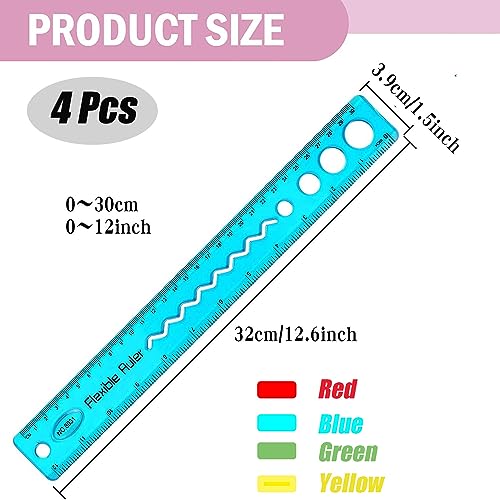 AKOAK Flexible Ruler, 30 CM/12" Flexible Bendable Soft Plastic Clear Ruler, Double Sided Ruler, Safe Children's School Supplies for Schools, Homes and Offices - Pack of 4